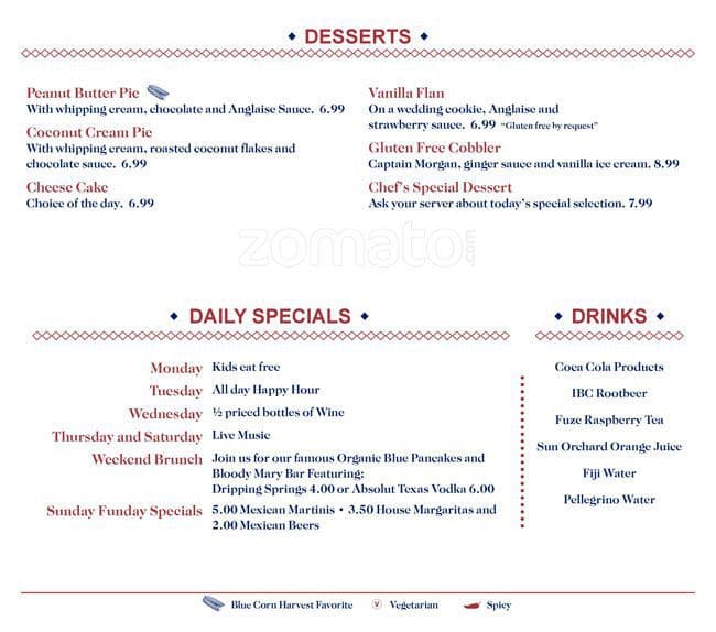 Menu at Blue Corn Harvest Bar & Grill, Cedar Park