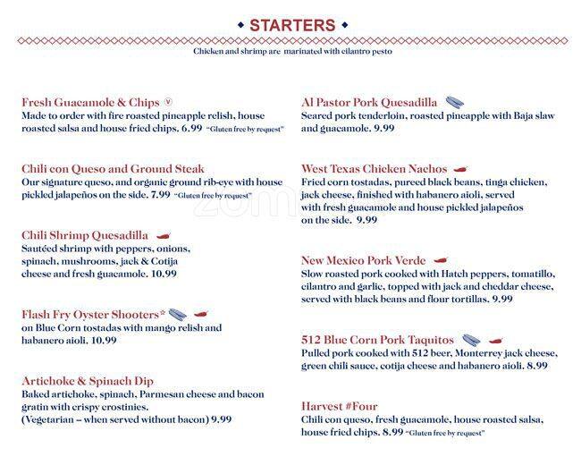 Menu at Blue Corn Harvest Bar & Grill, Cedar Park