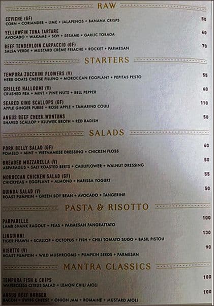 Menu at Good Mantra restaurant, Kuta