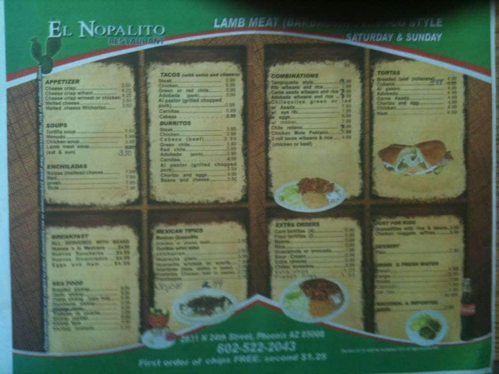 Menu at El Nopalito restaurant, Phoenix