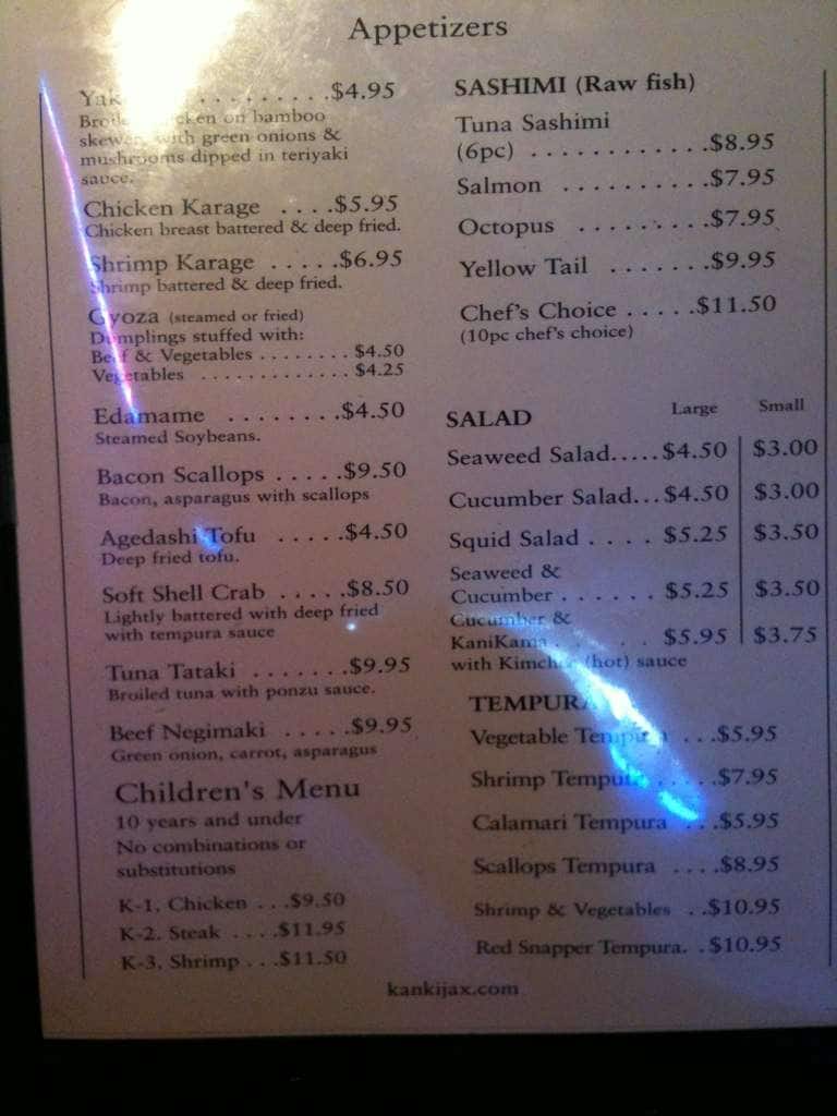 Menu at Kan-Ki Japanese Steakhouse and Sushi Bar, Jacksonville