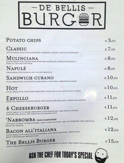 Menu at De Bellis Burger, Rome