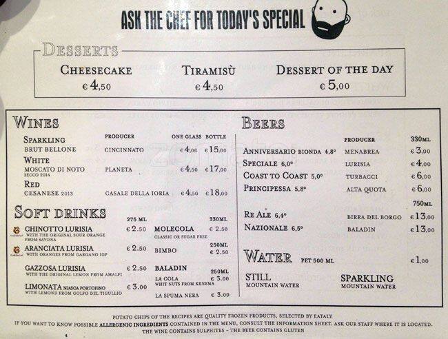 Menu at De Bellis Burger, Rome