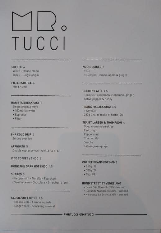 Menu at Mr Tucci cafe, Glen Iris