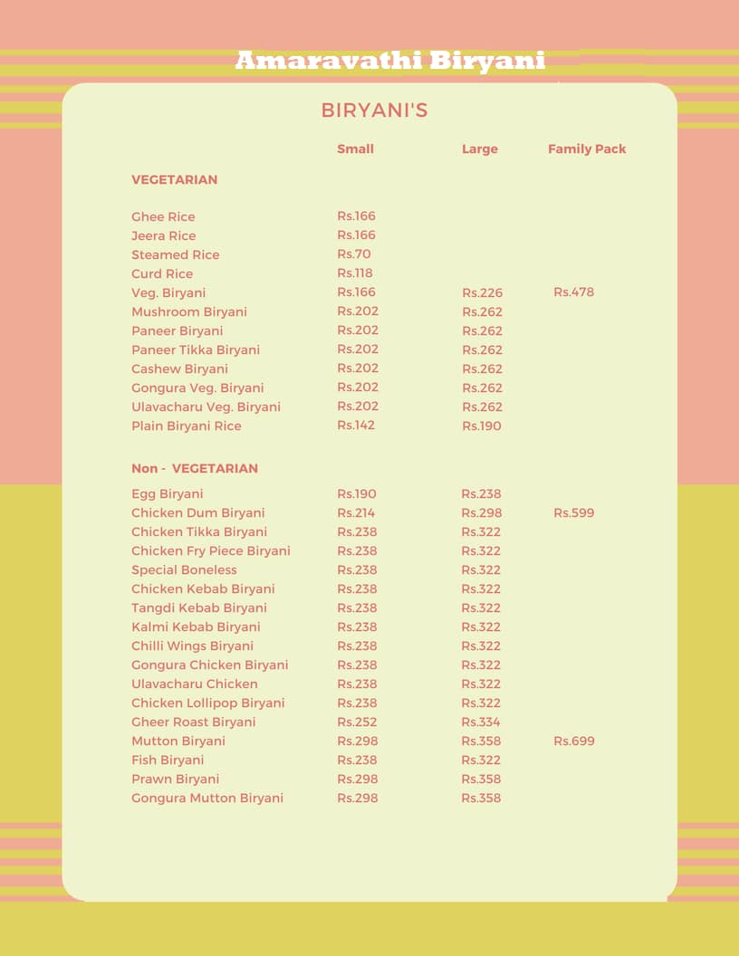 Menu at Amaravathi Biryani Zone, Bengaluru, Savoy Luxury Villas