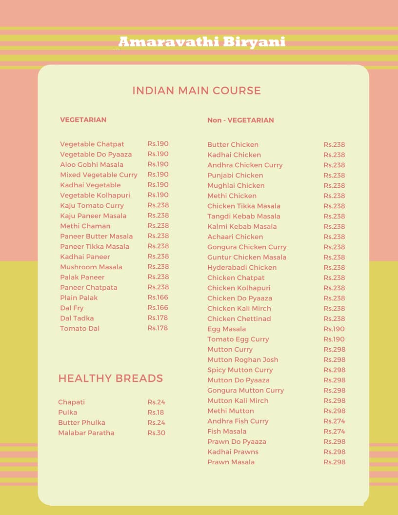 Menu at Amaravathi Biryani Zone, Bengaluru, Savoy Luxury Villas