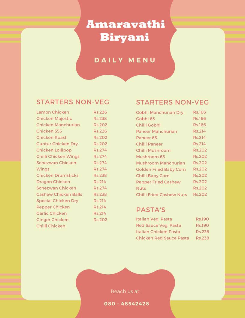 Menu at Amaravathi Biryani Zone, Bengaluru, Savoy Luxury Villas