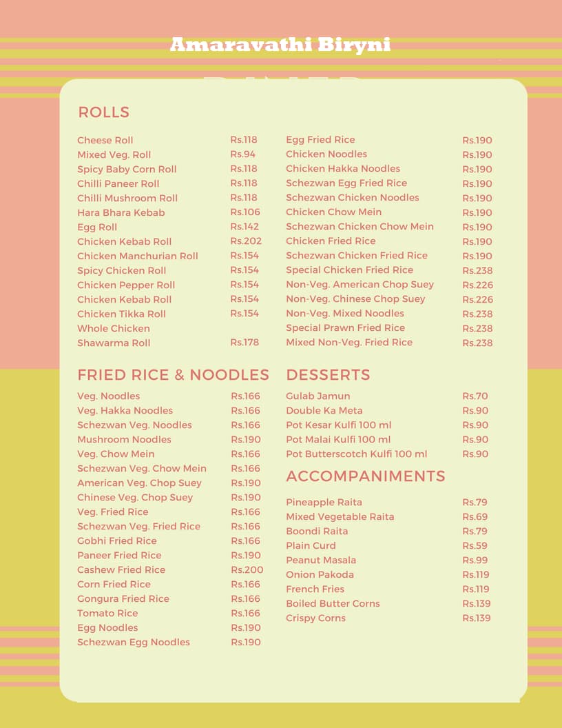 Menu at Amaravathi Biryani Zone, Bengaluru, Savoy Luxury Villas