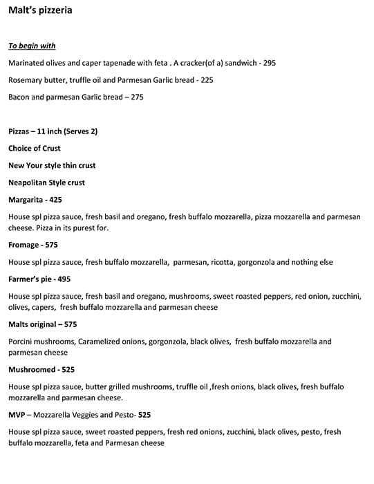 Menu at Malt's Pizzeria (Takeaway Kitchen), Chennai