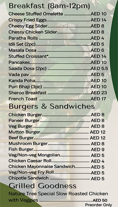 Menu of Nature Tree, Abu Shagara, Sharjah