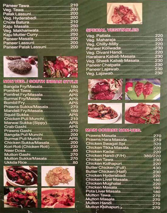 Menu of Swagat Restaurant, Sakinaka, Mumbai