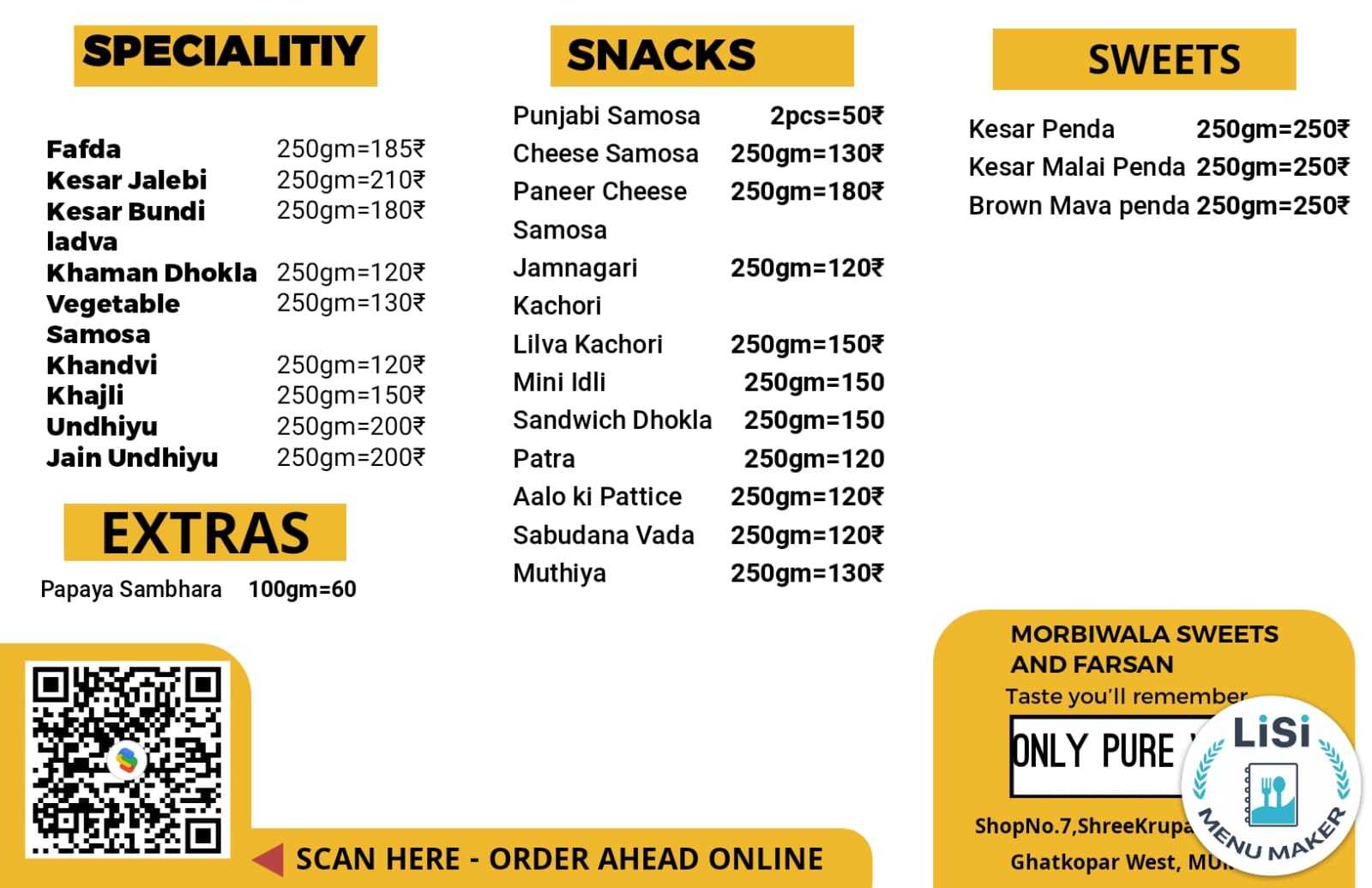 Menu of Morbiwala Sweets & Farsan, Ghatkopar West, Mumbai