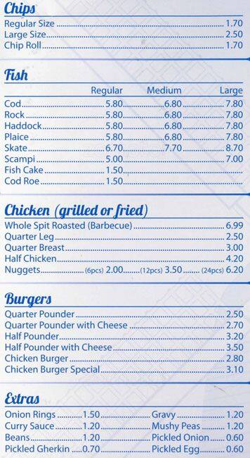 Menu at Windmill Fish Bar, London