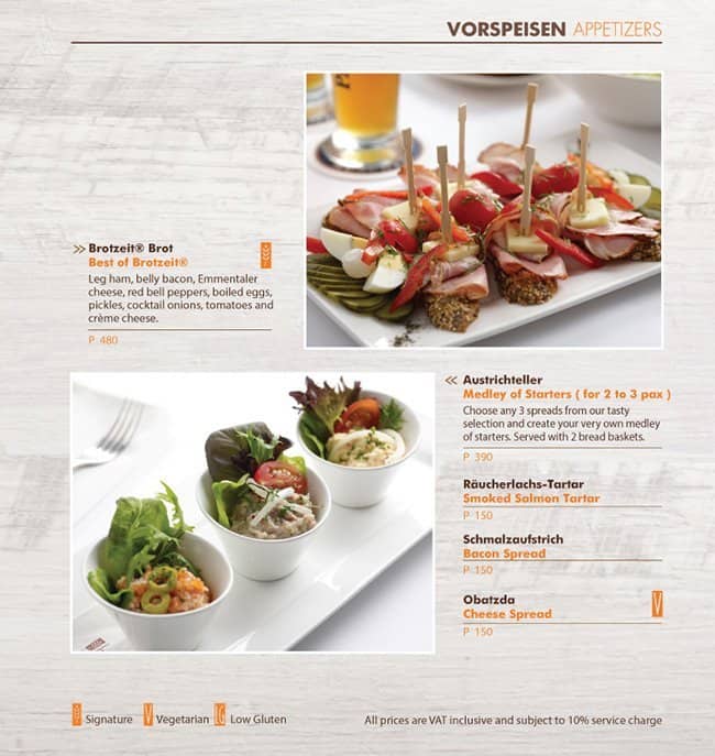 Menu at Brotzeit restaurant, Mandaluyong
