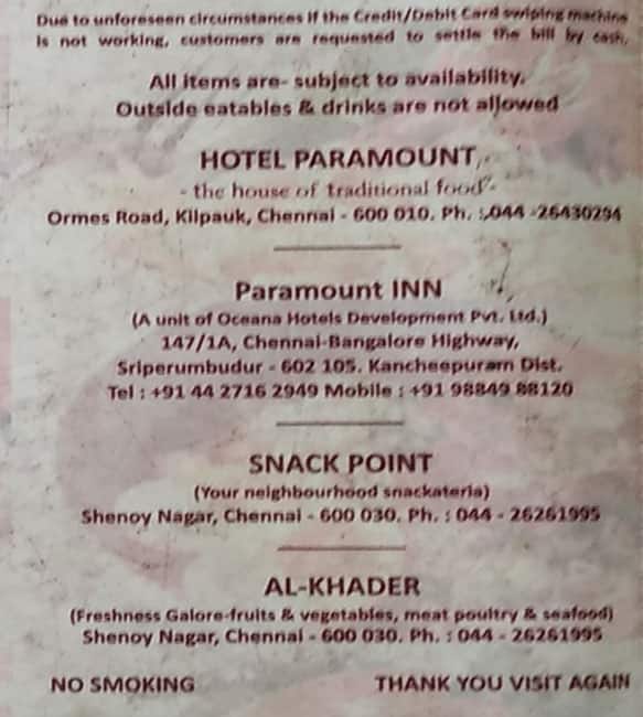 Menu at Hotel Paramount, Chennai