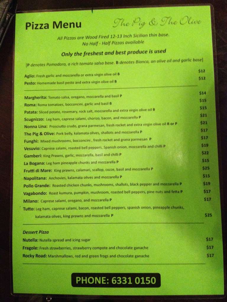 Menu at The Pig And The Olive pizzeria, Kelso