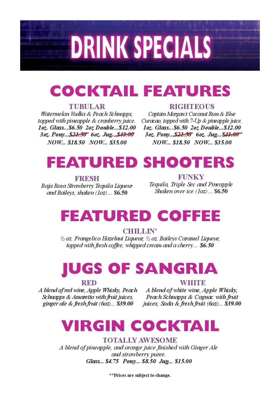 Menu at Jubilations Dinner Theatre restaurant, Calgary