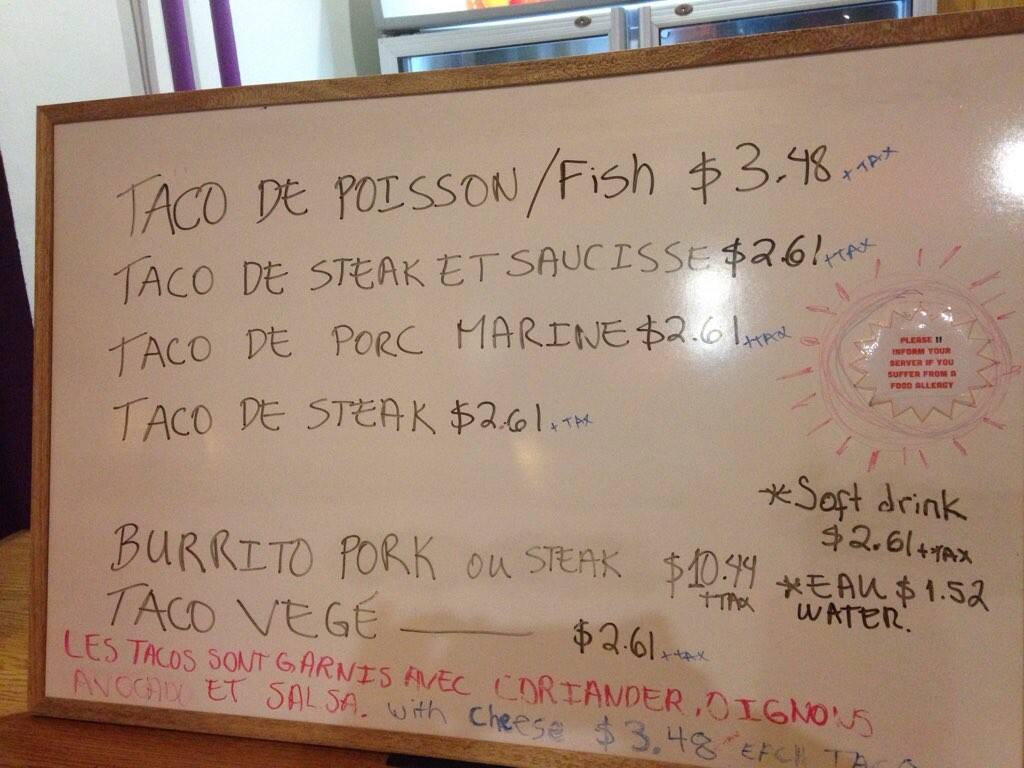 Menu at Taco Tijuana restaurant, Montreal