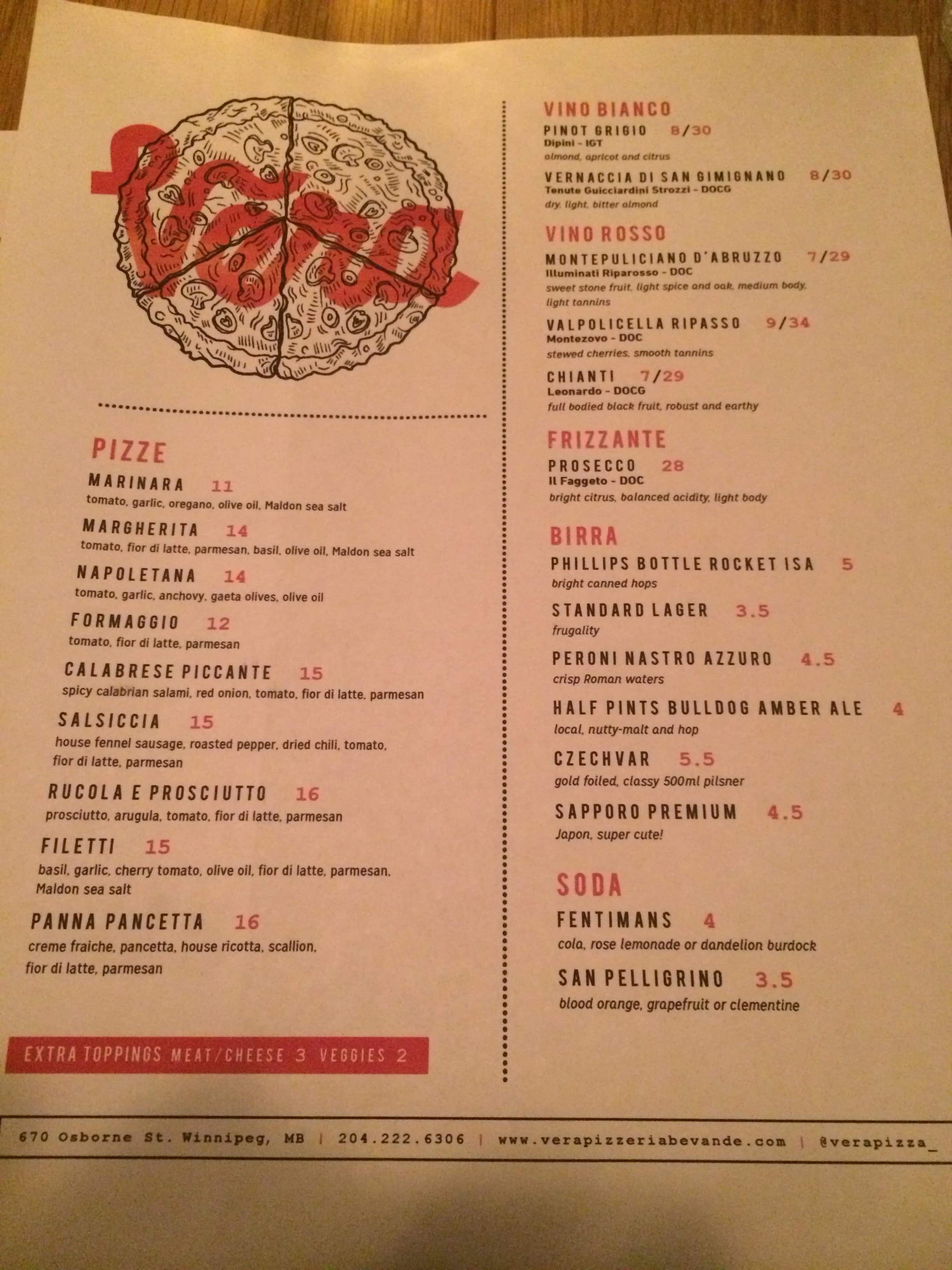 Menu at Vera pizzeria, Winnipeg