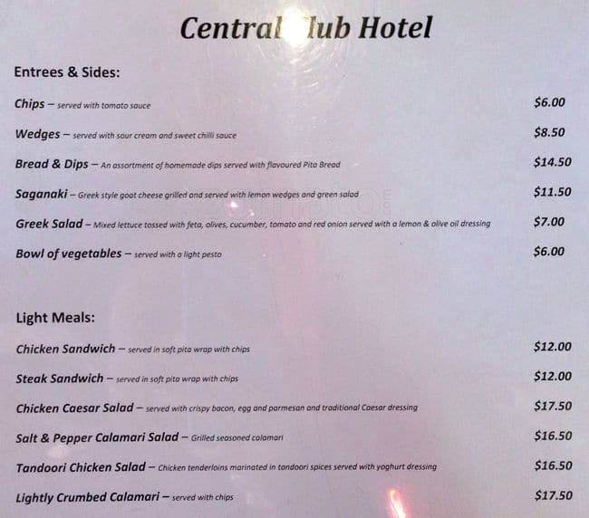 Menu at The Central Club Hotel, Richmond, 293 Swan St