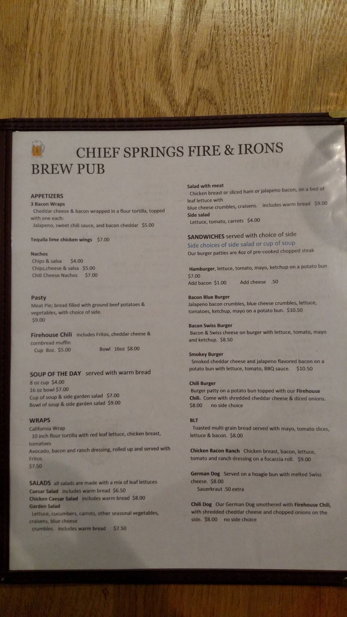 Menu at Chief Spring's Fire & Irons Brew Pub, Dayton