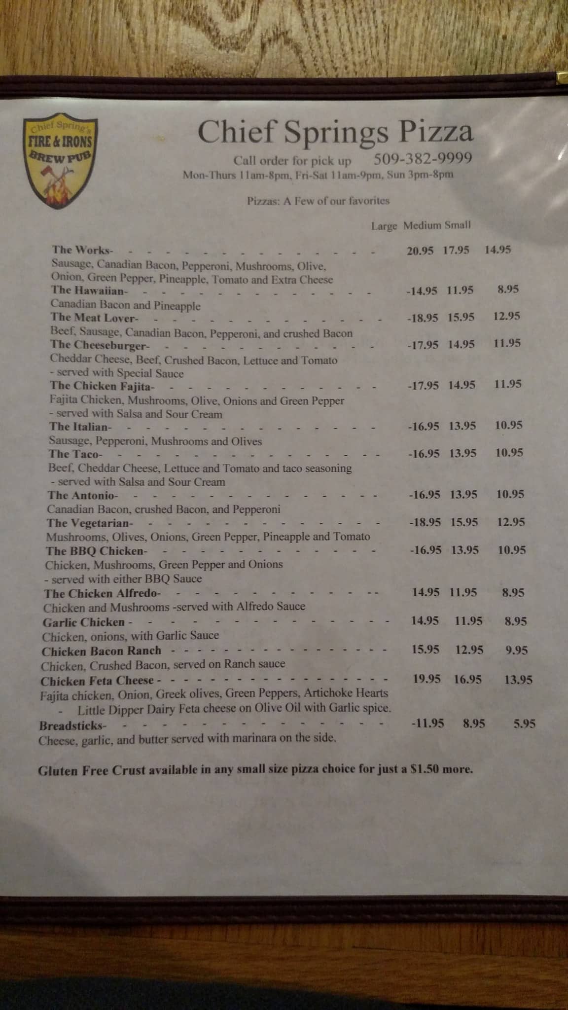 Menu at Chief Spring's Fire & Irons Brew Pub, Dayton