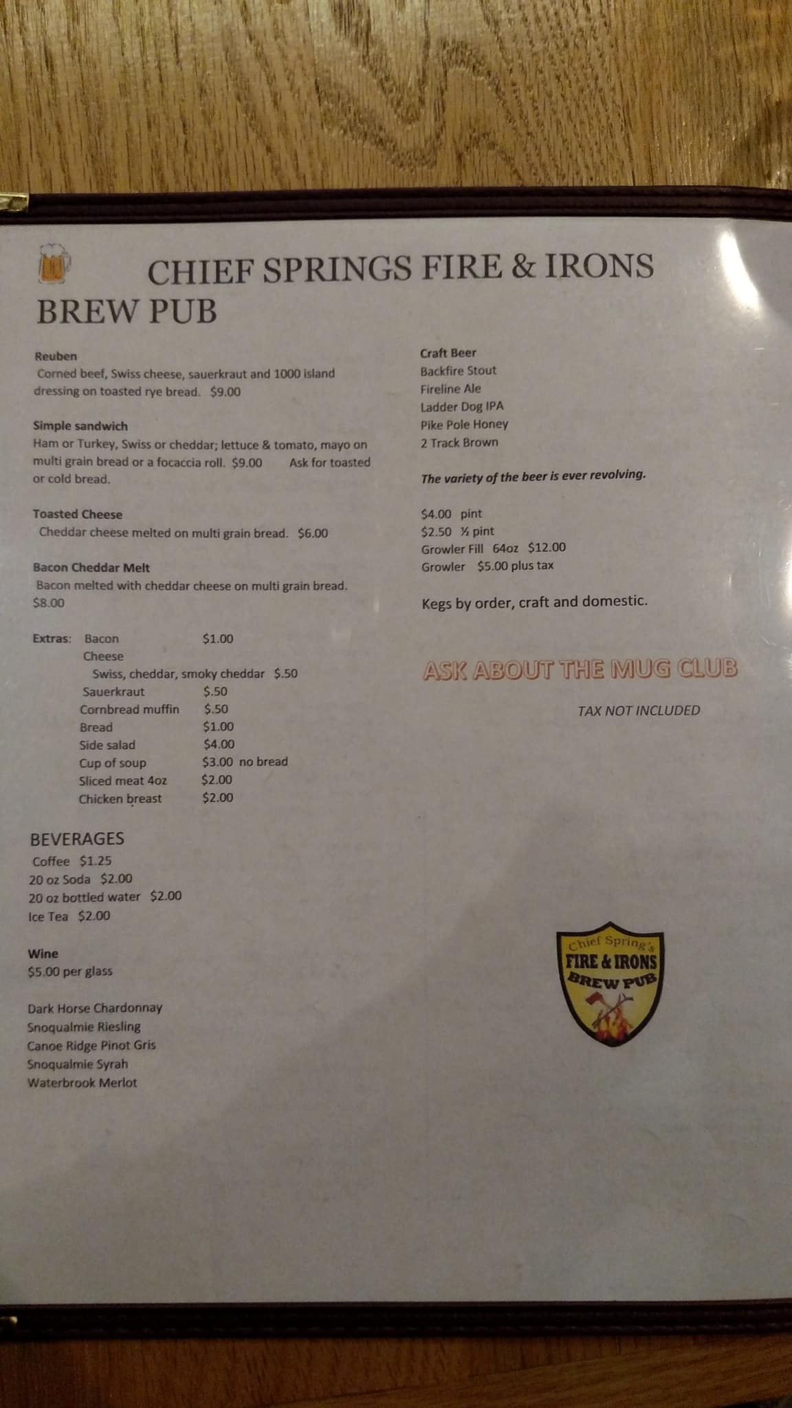 Menu at Chief Spring's Fire & Irons Brew Pub, Dayton