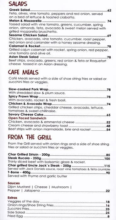 Menu at Wise Crax restaurant, Pretoria
