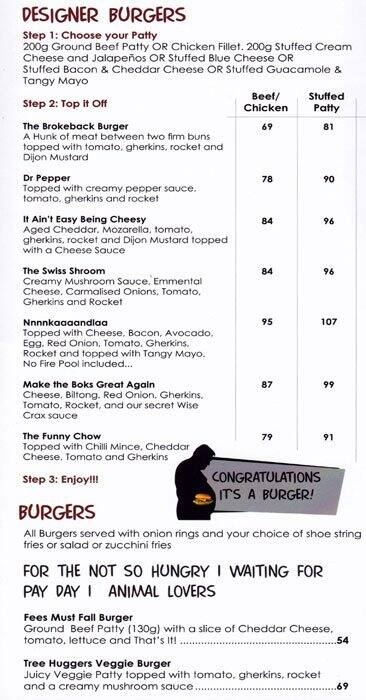 Menu at Wise Crax restaurant, Pretoria