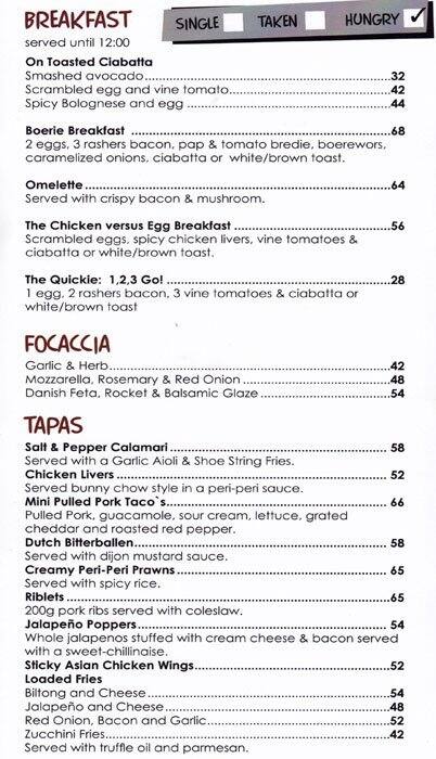 Menu at Wise Crax restaurant, Pretoria