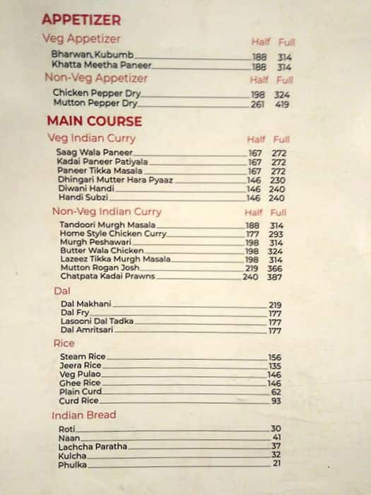 Menu of Masala Darbar By Big Pitcher, Old Airport Road, Bangalore