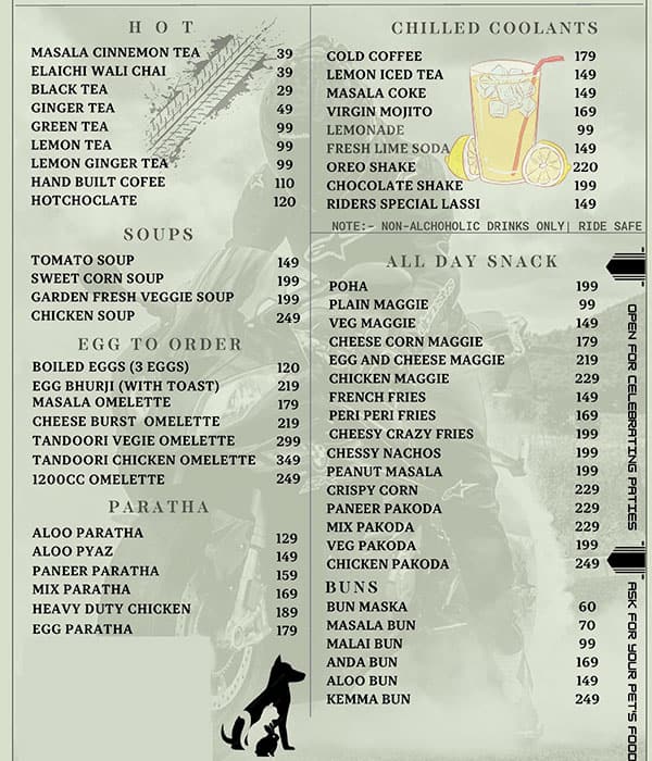 Menu of Riders Paradise Cafe, Gwal Pahari, Gurgaon