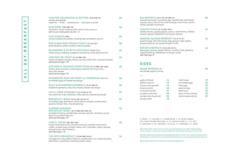 Menu of Common Grounds, Dubai Hills, Dubai