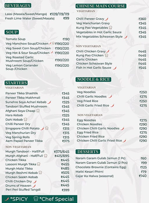 Menu of Dana Choga, Sector 14, Gurgaon