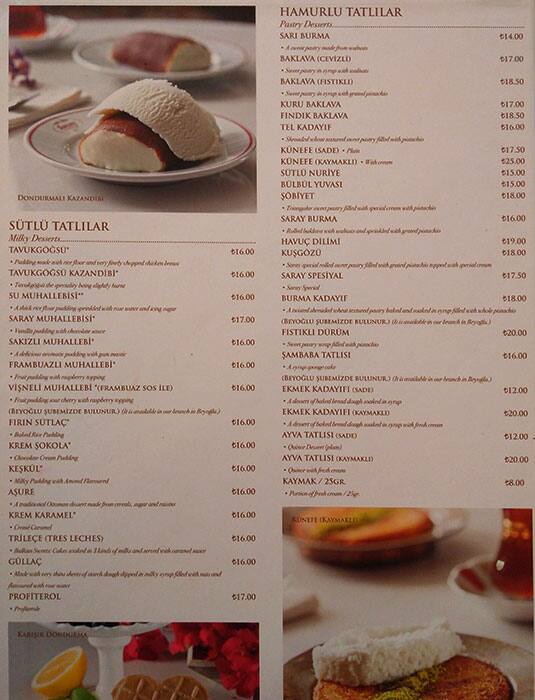 Menu at Saray Muhallebicisi, Istanbul, Dede Korkut Sok.