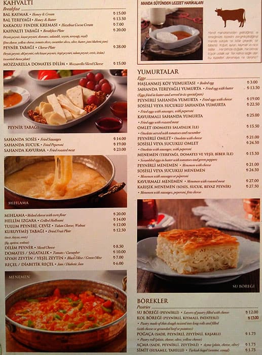 Menu at Saray Muhallebicisi, Istanbul, Dede Korkut Sok.
