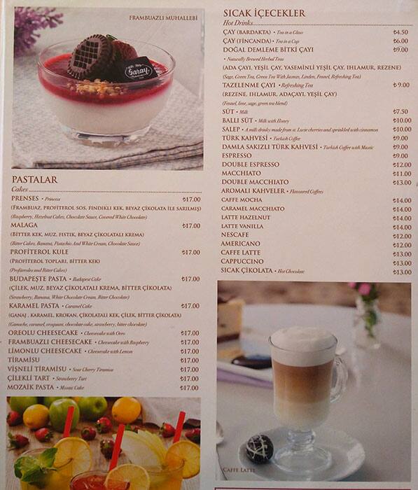 Menu at Saray Muhallebicisi, Istanbul, Dede Korkut Sok.