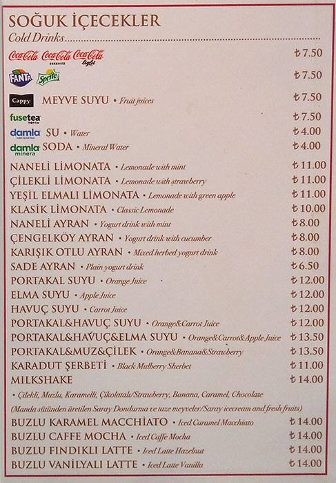 Menu at Saray Muhallebicisi, Istanbul, Dede Korkut Sok.