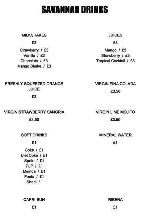 Menu at Savannah Restaurant, London, 105 Uxbridge Rd