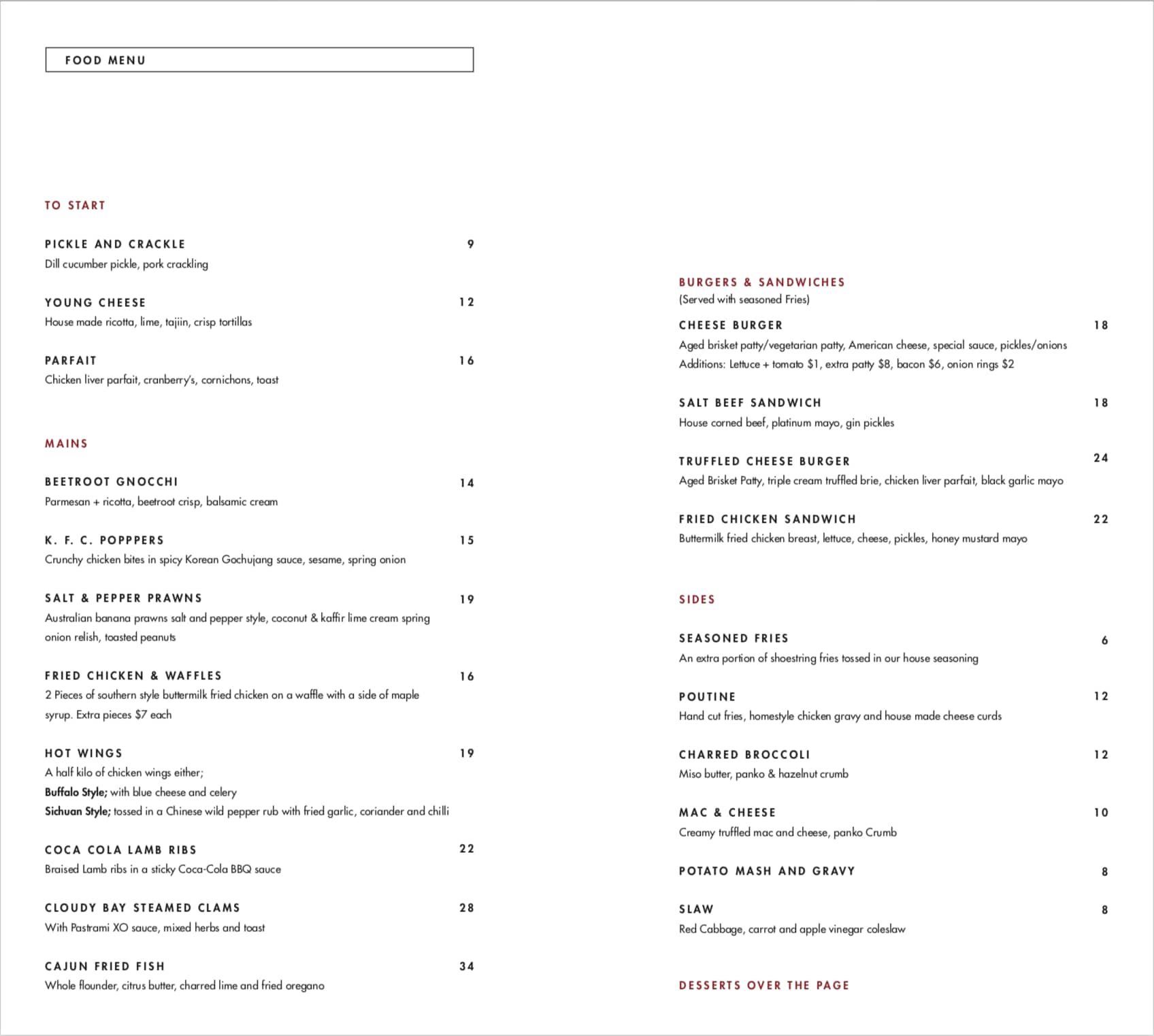 Menu at Five Boroughs restaurant, Wellington, 245 Cuba St