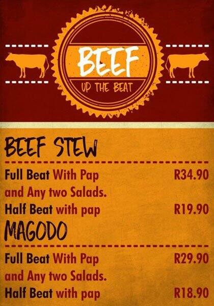 Menu at Beat Sunnyside restaurant, Pretoria
