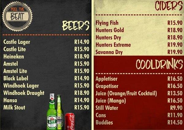 Menu at Beat Sunnyside restaurant, Pretoria