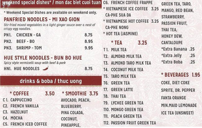 Menu at Vy's Pho restaurant, Watauga