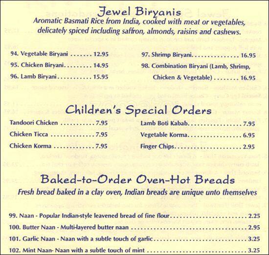 Menu at Jewel of India Restaurant & Bar, Westminster