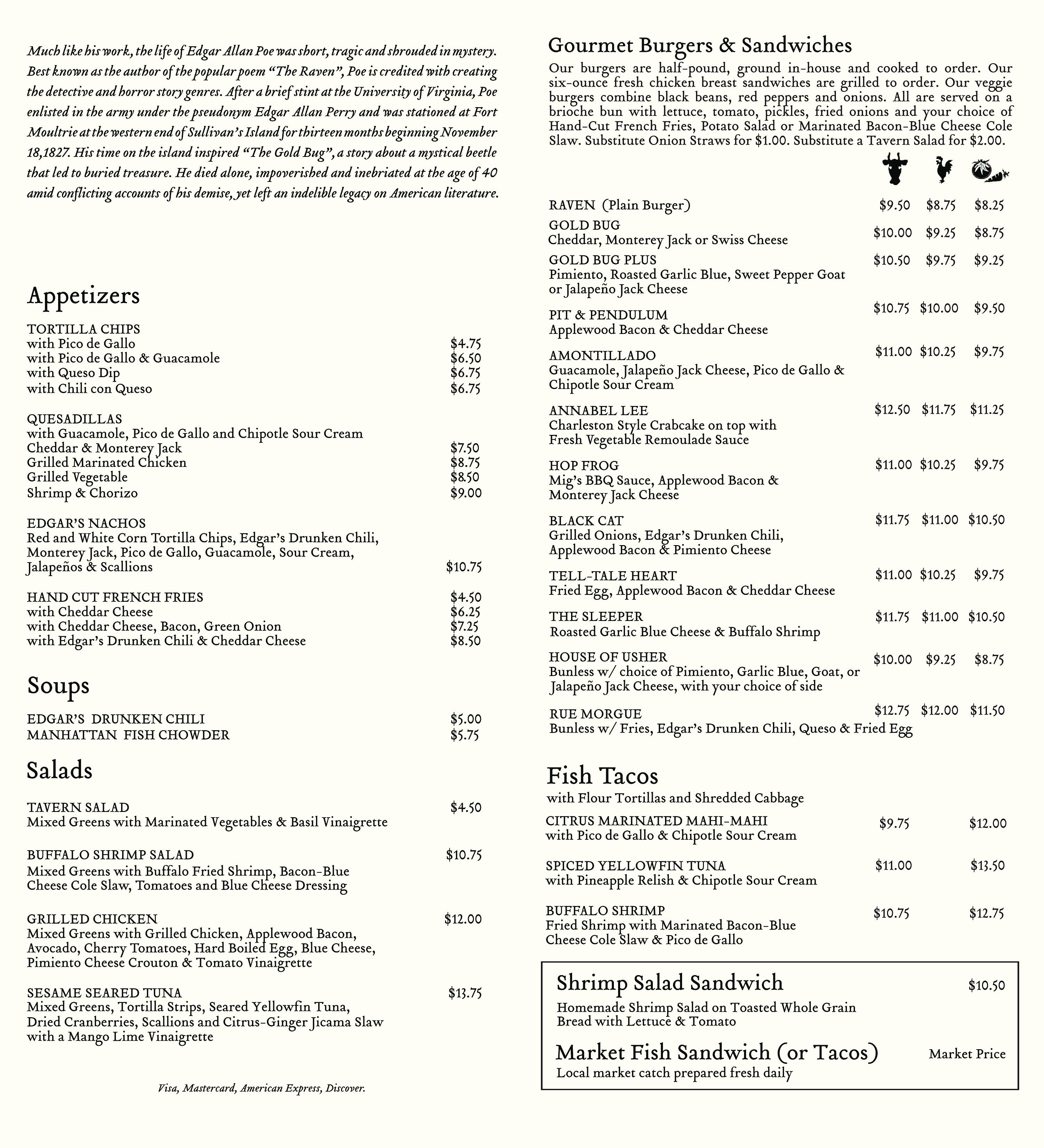 Menu at Poe's Tavern - Atlantic Beach pub & bar, Atlantic Beach