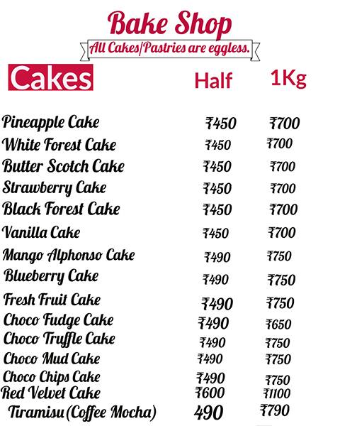 Menu of Bake Shop, Sector 2, Noida