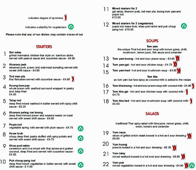Menu at Tuptim Siam restaurant, Bognor Regis
