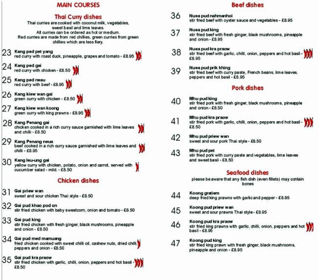 Menu at Tuptim Siam restaurant, Bognor Regis