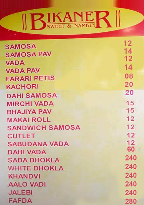 Menu of Bikaner Sweets, Mira Road, Mumbai