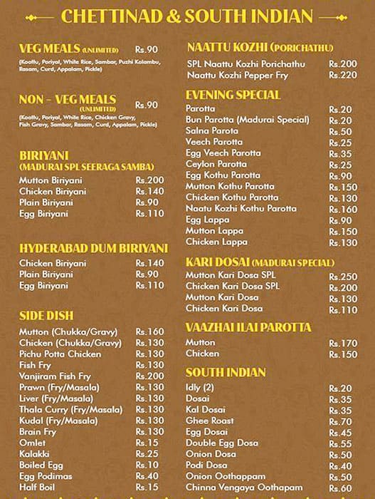 Menu at Madurai Ammachi Mess, Chennai